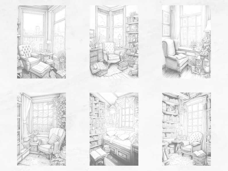 27 Coloring Pages, Cozy Reading Nooks Grayscale Adult Coloring Book ...