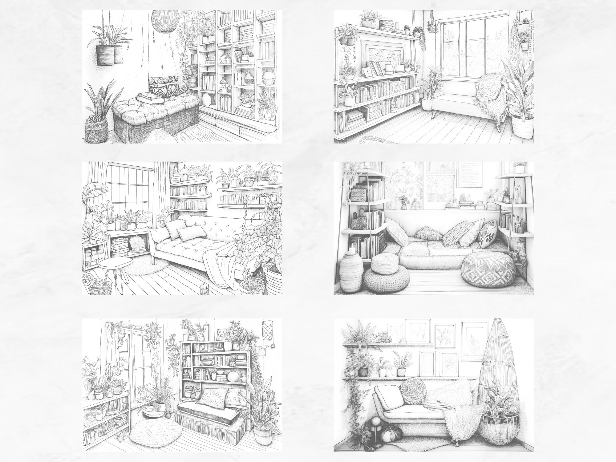 26 Coloring Pages, Bohemian Reading Nooks Grayscale Adult Coloring Book ...