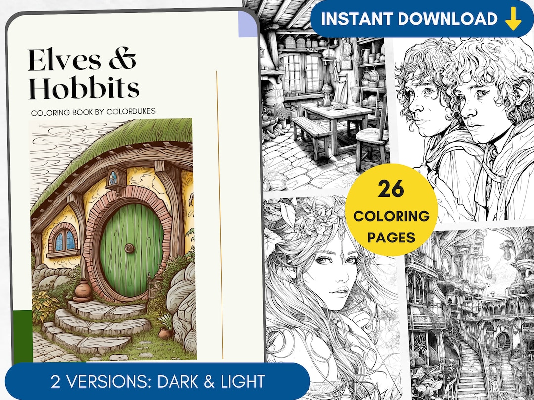 26 Coloring Pages, Elves and Hobbits, Grayscale Adult Coloring Book ...