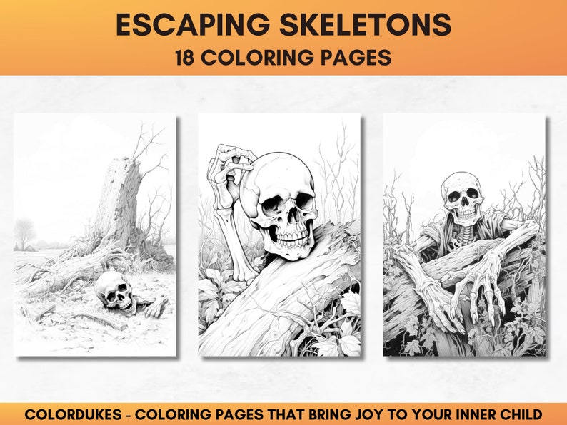 18 Skeletons Coloring Pages in Grayscale, Halloween Coloring Book for Adults, Creepy Coloring ...