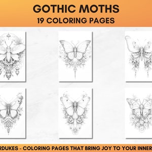 19 Gothic Moths Coloring Pages Grayscale, Halloween Coloring Book for ...