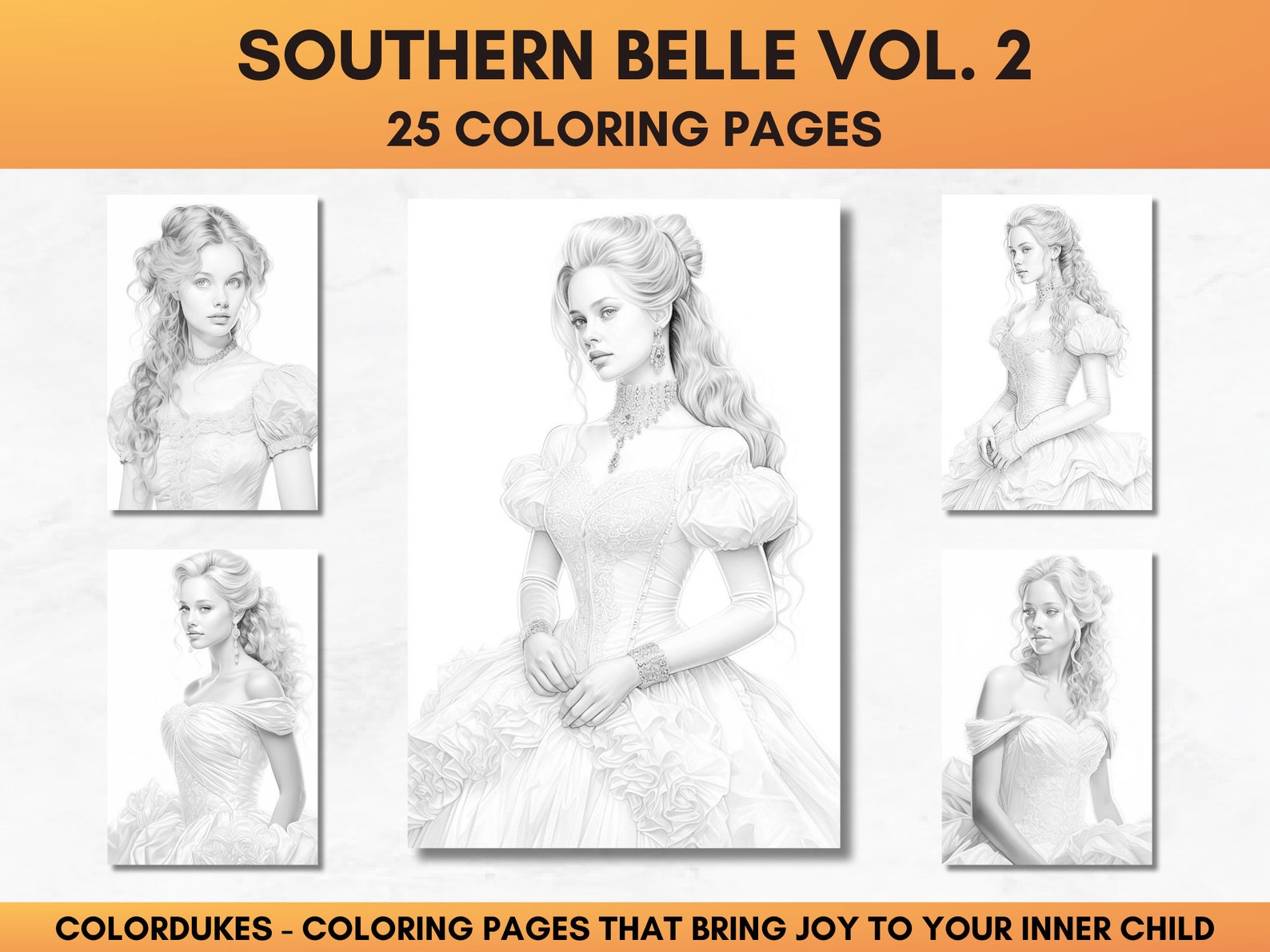 25 Adult Coloring Pages of Southern Belle, Princess Dress Coloring Book ...