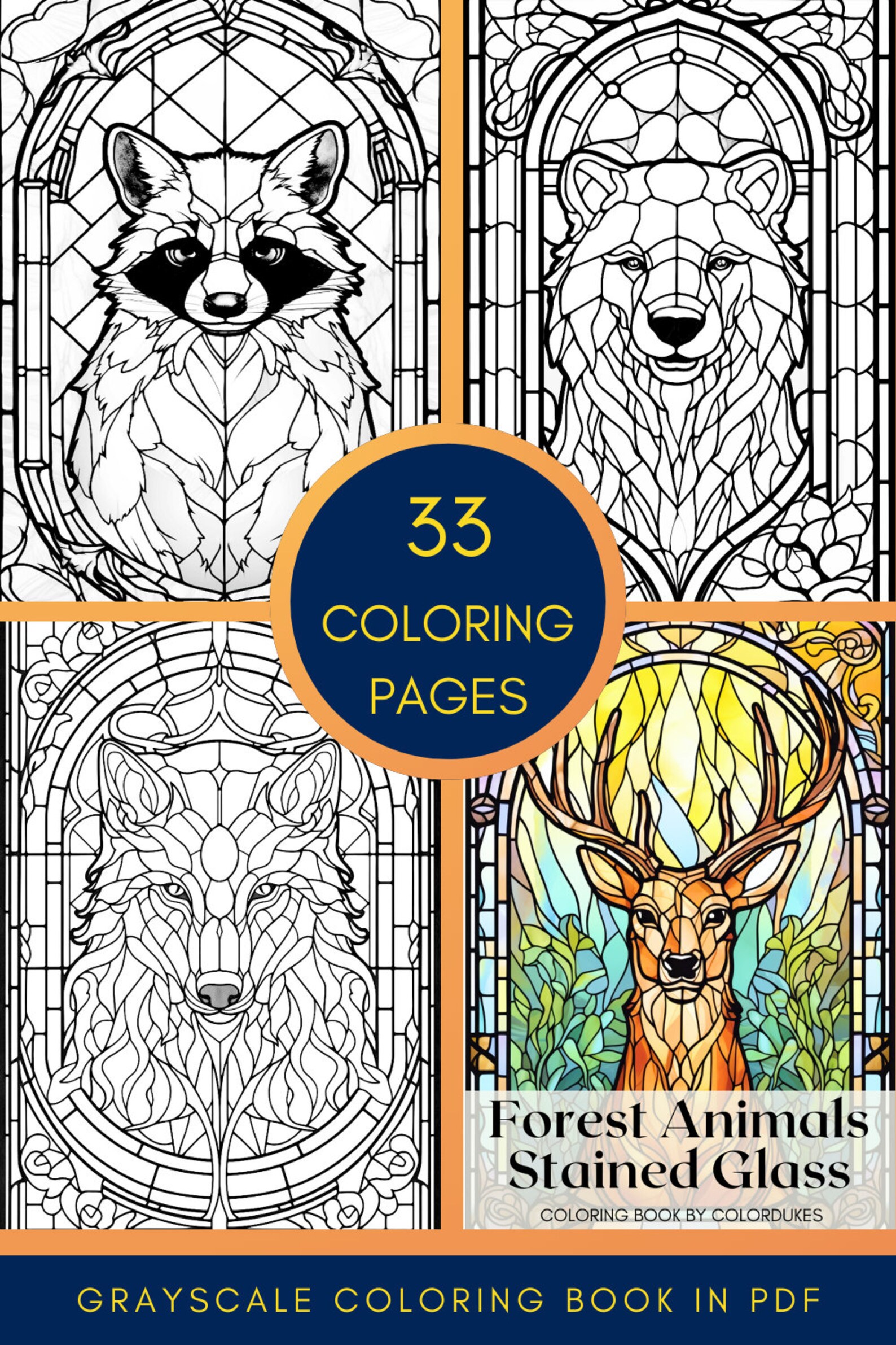 33 Stained Glass Coloring Pages of Forest Animals, Not Grayscale Adult ...