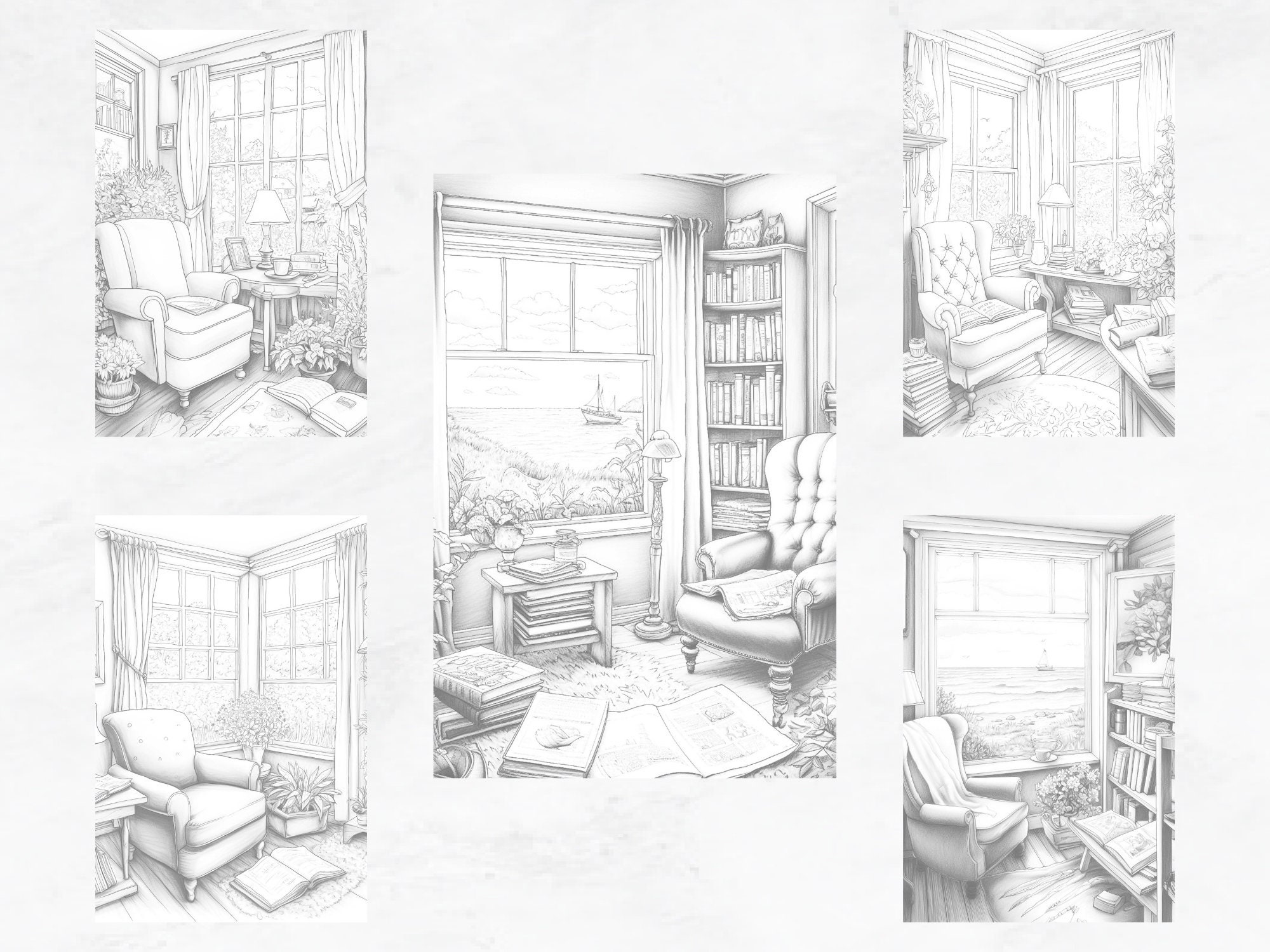 27 Coloring Pages, Cozy Reading Nooks Grayscale Adult Coloring Book ...