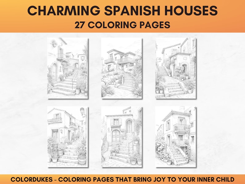 27 Spanish Houses Coloring Pages, Italian Village Grayscale Adult ...