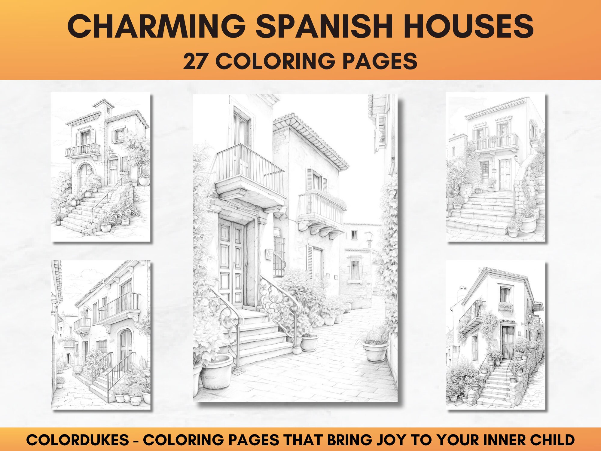 27 Spanish Houses Coloring Pages, Italian Village Grayscale Adult ...