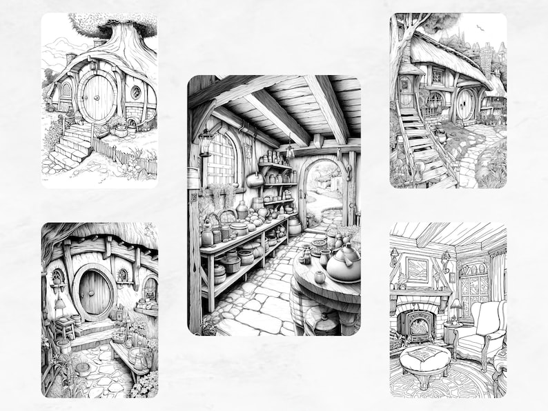 26 Coloring Pages, Elves and Hobbits, Grayscale Adult Coloring Book ...