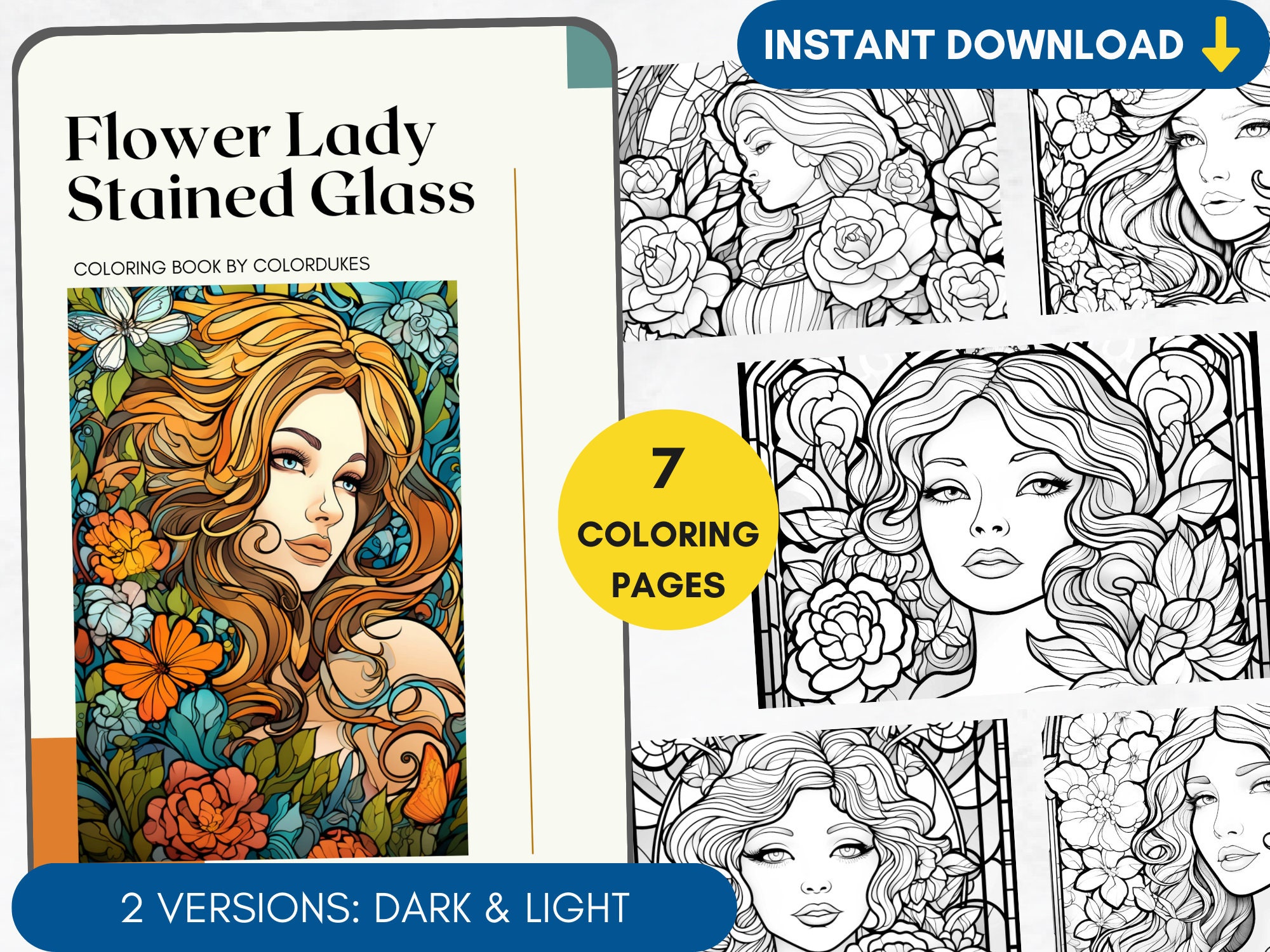 7 Coloring Pages Girls Stained Glass Grayscale Adult Coloring - Etsy