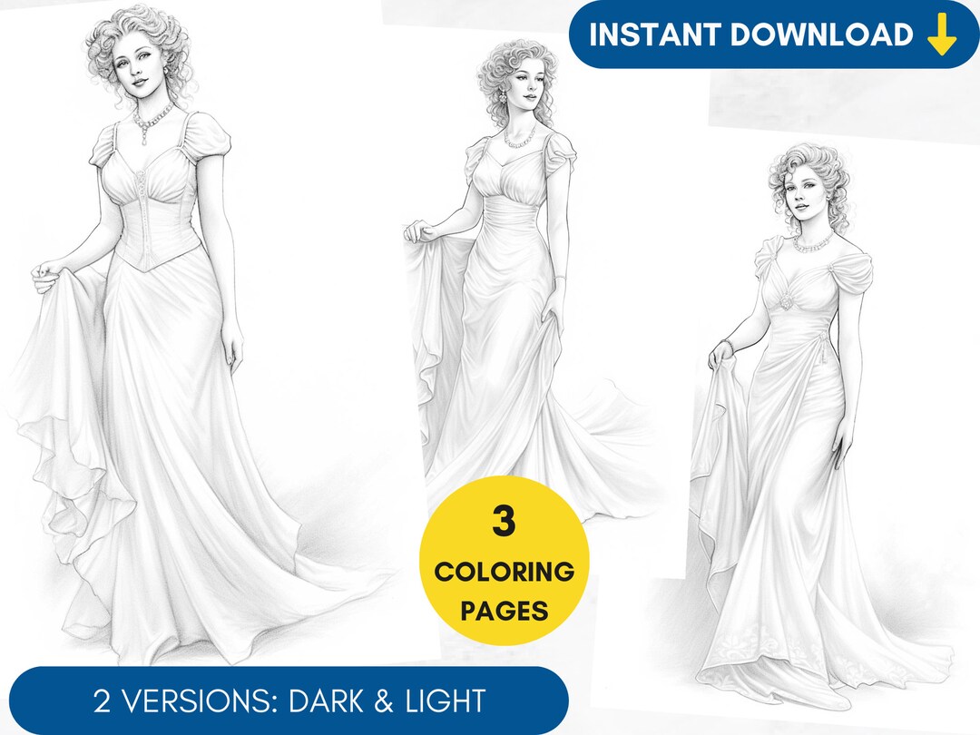 3 Coloring Pages Romantic Dress Grayscale Adult Coloring Regency Era ...