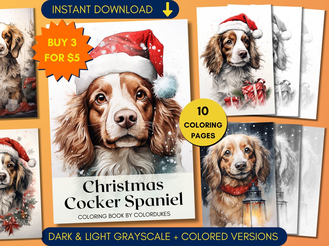Christmas Spaniel Coloring Pages in Grayscale, Winter Dog Coloring Book ...