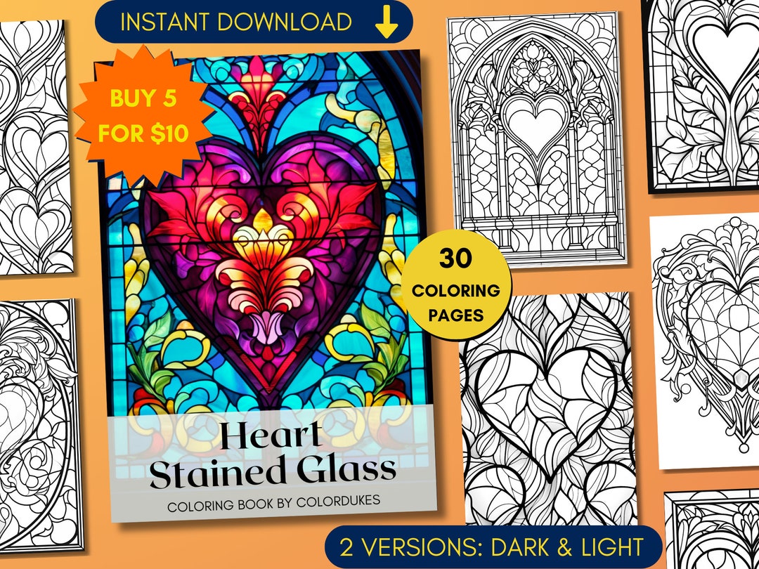 Stained Glass Hearts Coloring Pages, Valentines Day Adult Coloring Book ...