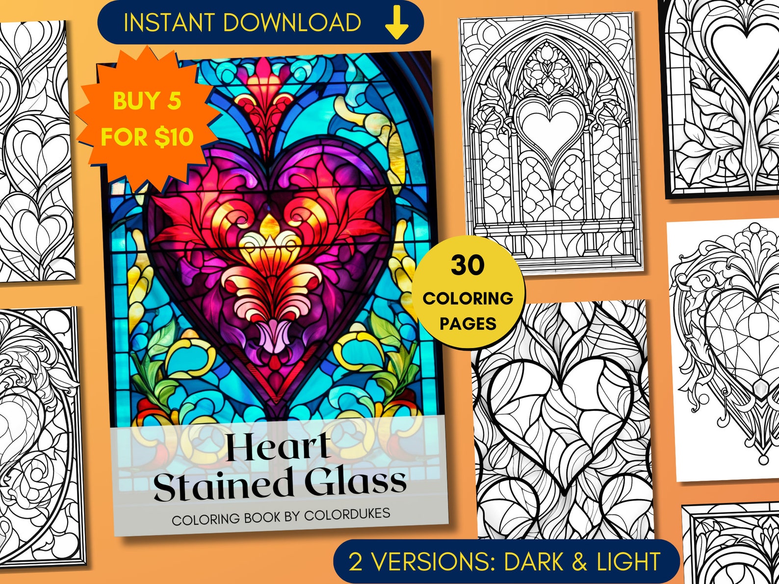 Stained Glass Hearts Coloring Pages, Valentines Day Adult Coloring Book ...