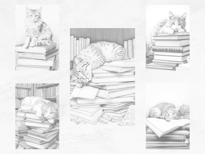 15 Coloring Pages, Cats in Libraries Coloring Book, Grayscale Coloring ...