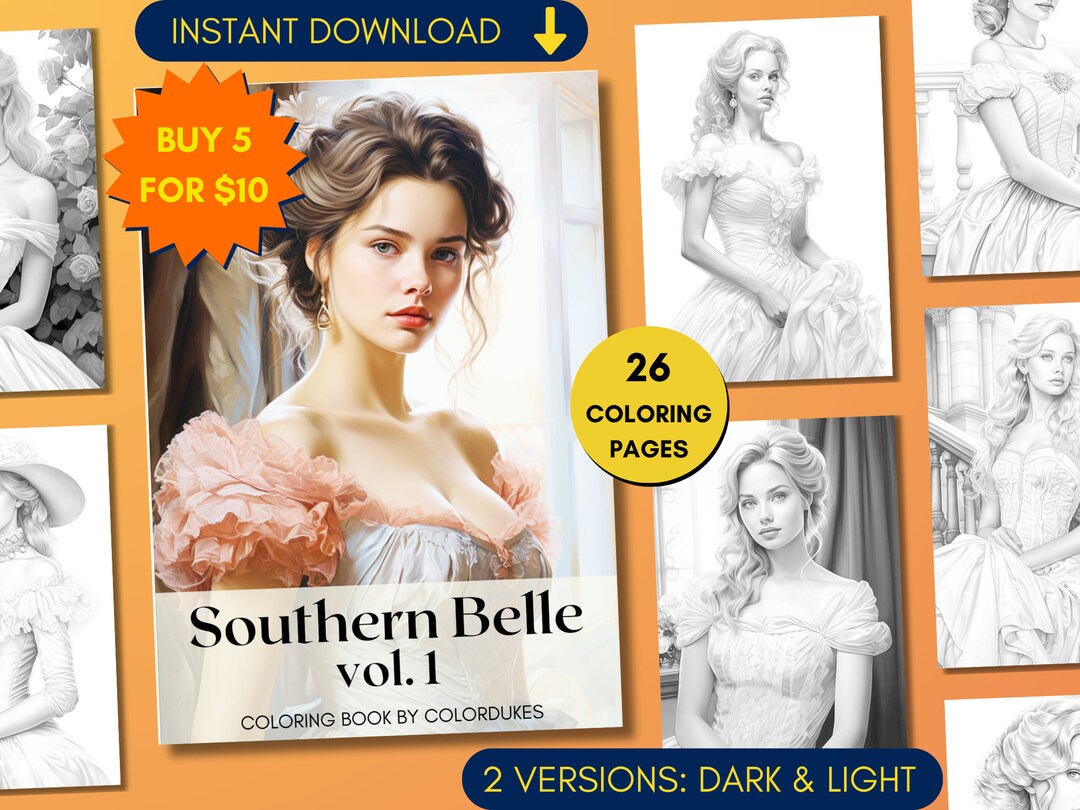 26 Southern Belle Coloring Pages, Wedding Dress Coloring Book for Adult ...