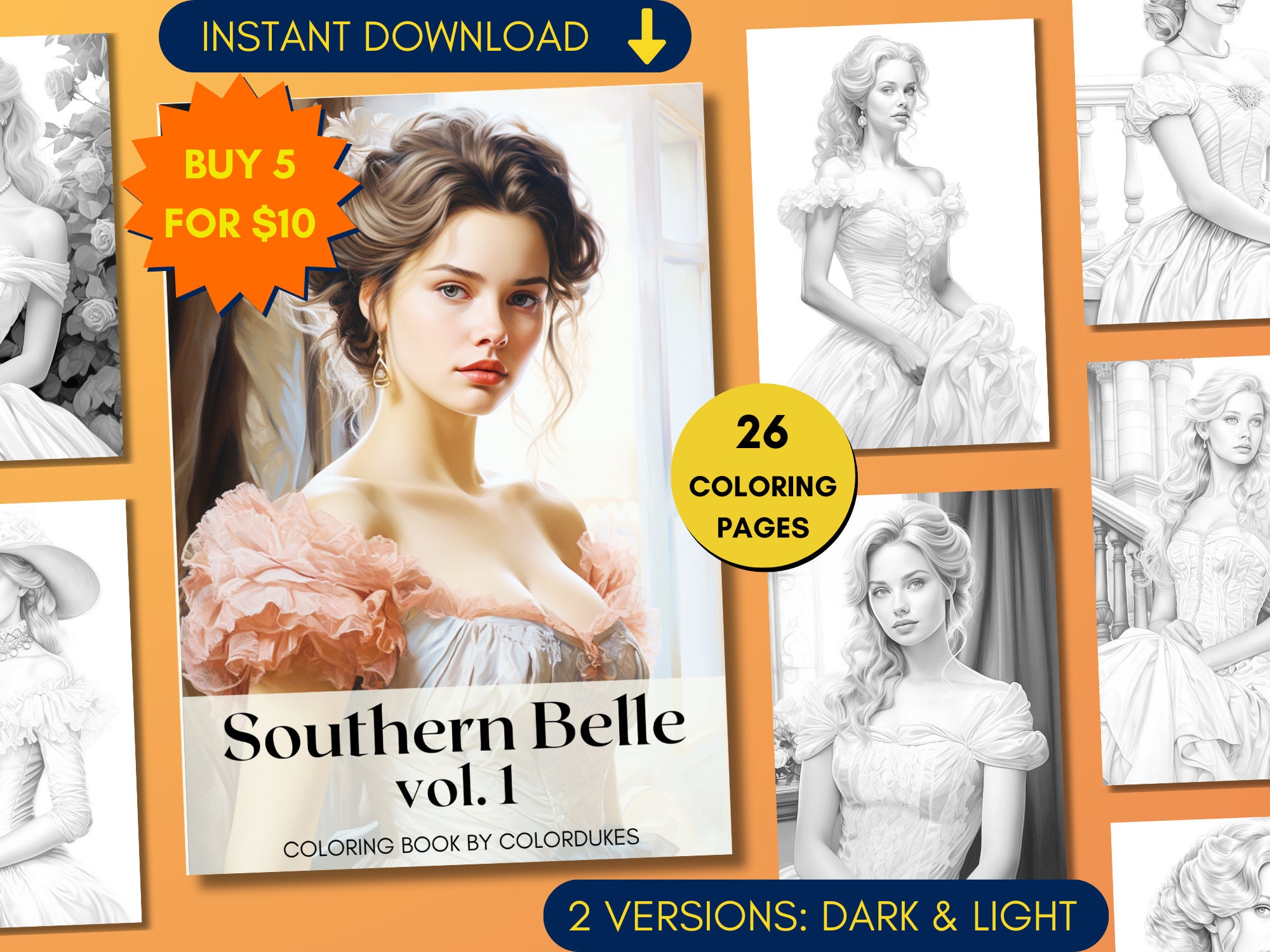 26 Southern Belle Coloring Pages, Wedding Dress Coloring Book for Adult ...