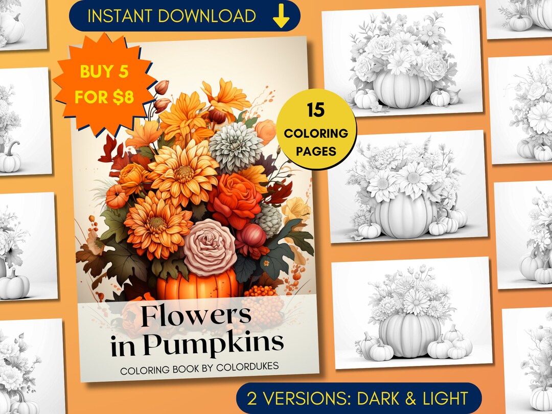 15 Flowers in Pumpkin Coloring Pages, Fall Grayscale Coloring for ...