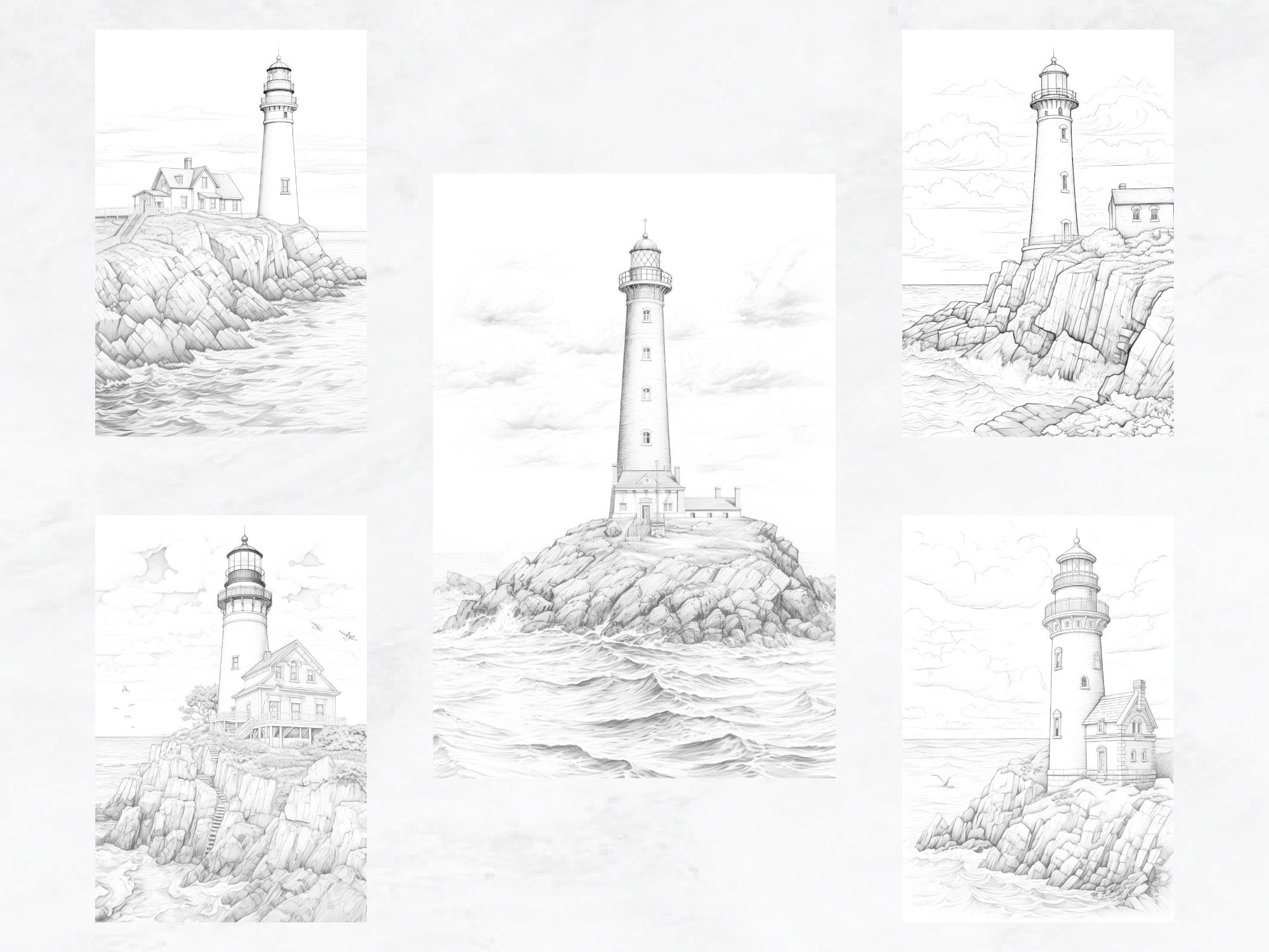 25 Coloring Pages Lighthouses Grayscale Adult Coloring Book, Summer ...