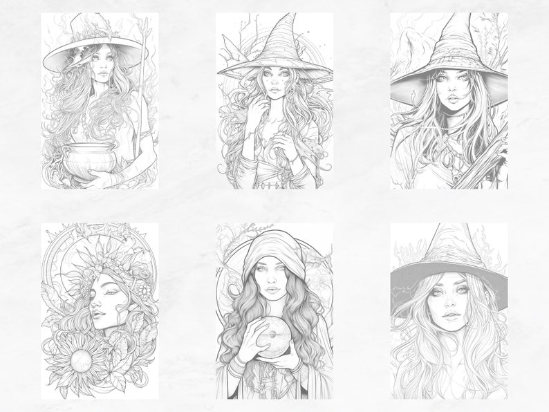 26 Witchy Coloring Pages Witches and Witchcraft, Grayscale Adult ...