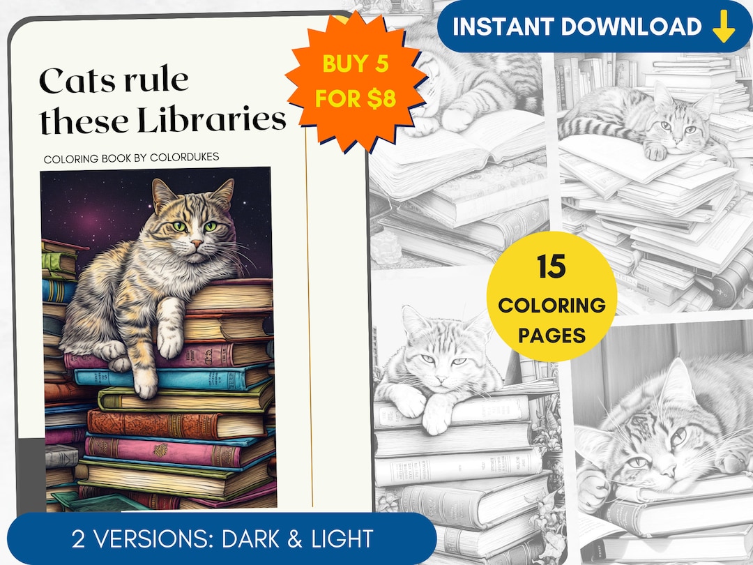 15 Coloring Pages, Cats in Libraries Coloring Book, Grayscale Coloring ...