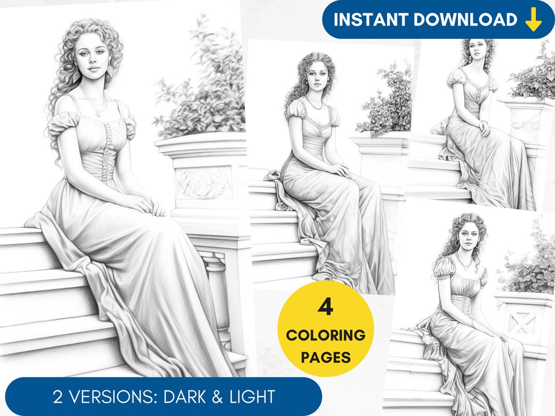 4 Vintage Dress Coloring Pages Grayscale, Regency Era Dress Coloring ...
