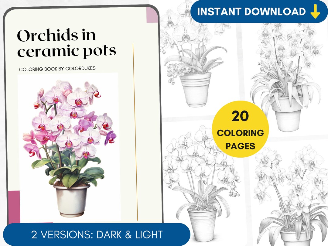 20 Coloring Pages, Orchids Coloring Book for Adults Grayscale, Pot ...