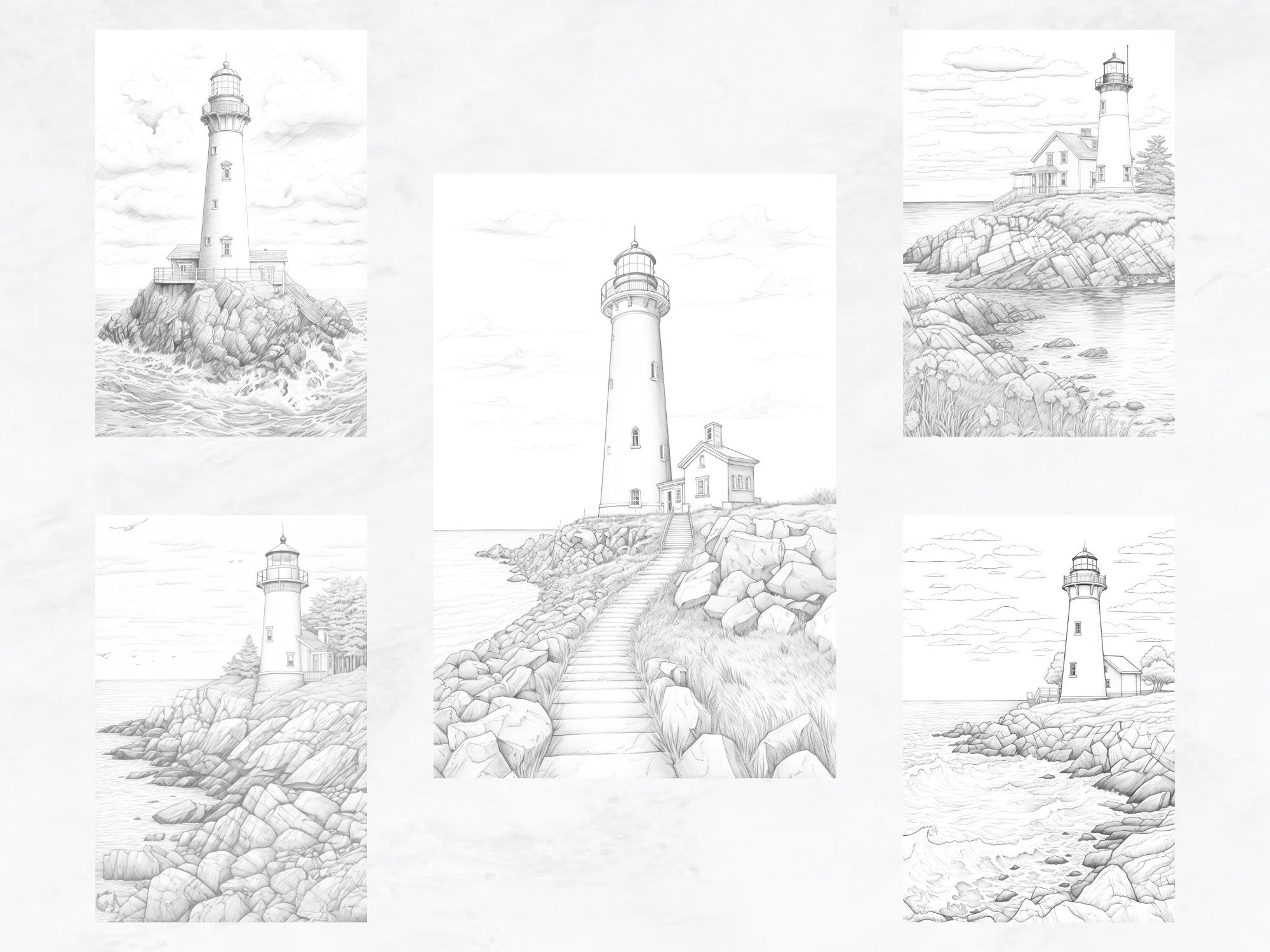 25 Coloring Pages Lighthouses Grayscale Adult Coloring Book, Summer ...