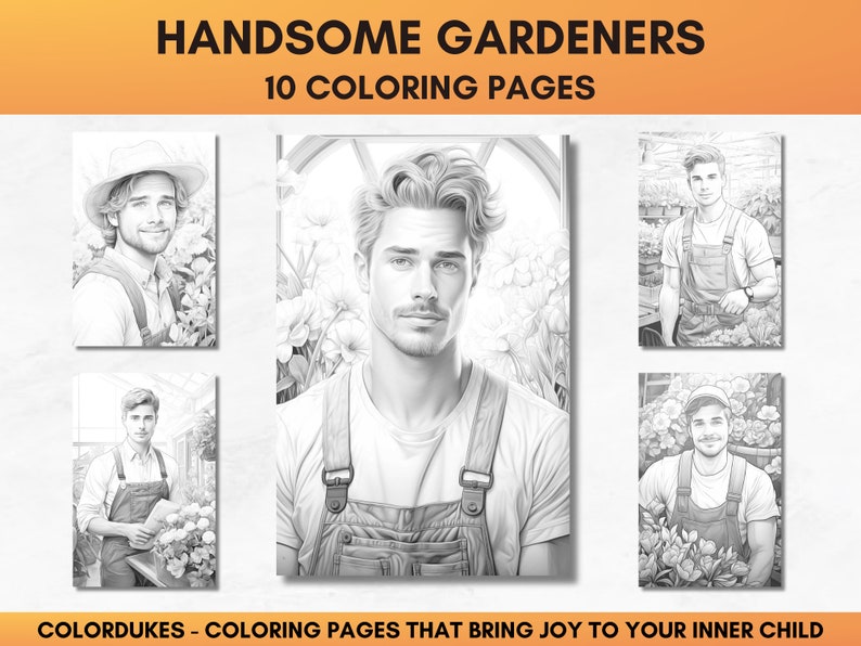 Man Portraits Coloring Pages for Adults Handsome Gardeners - Etsy