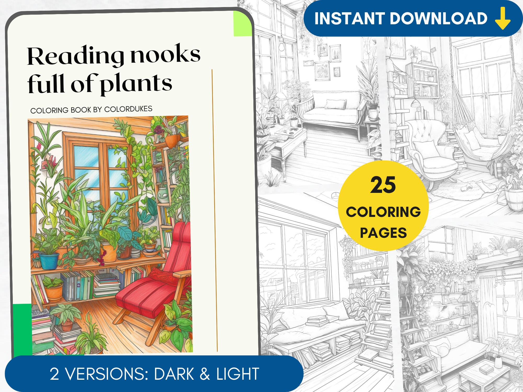 25 Coloring Pages, Reading Nooks Grayscale Adult Coloring Book ...
