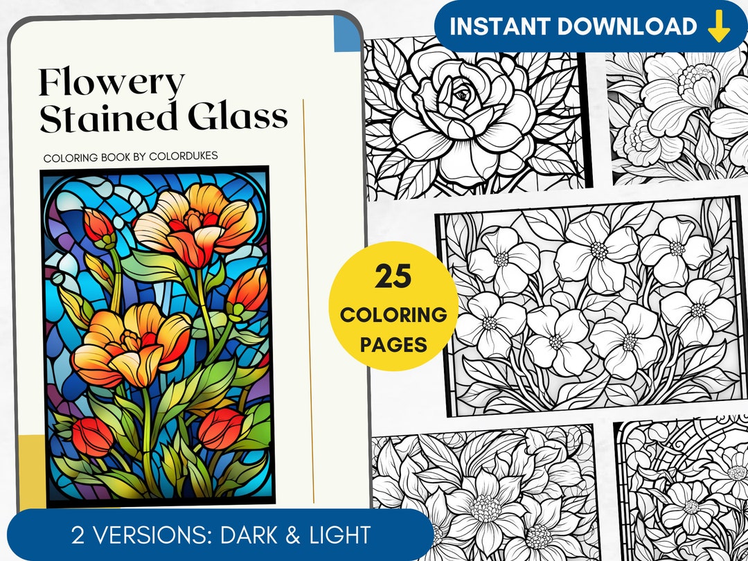 25 Coloring Pages Flowers Stained Glass Grayscale Adult Coloring Book ...