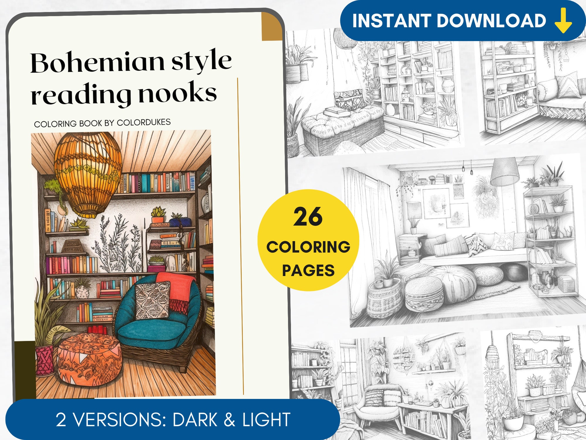 26 Coloring Pages, Bohemian Reading Nooks Grayscale Adult Coloring Book ...