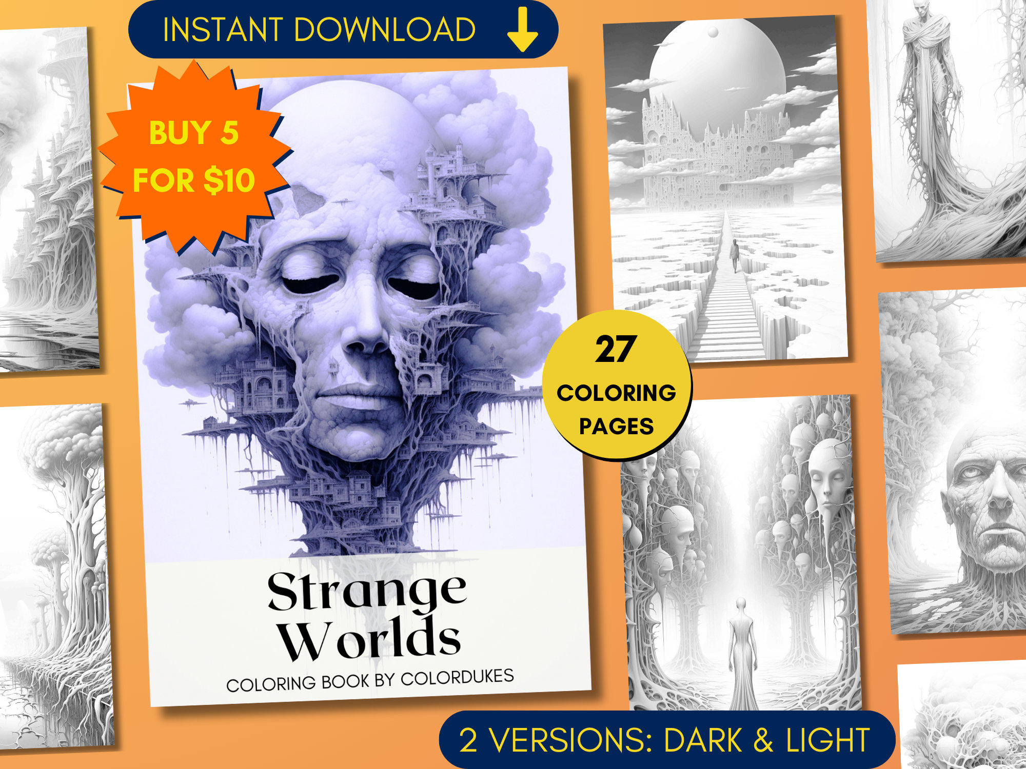 27 Surreal Coloring Pages, Grayscale Coloring Book for Adults, Creepy ...