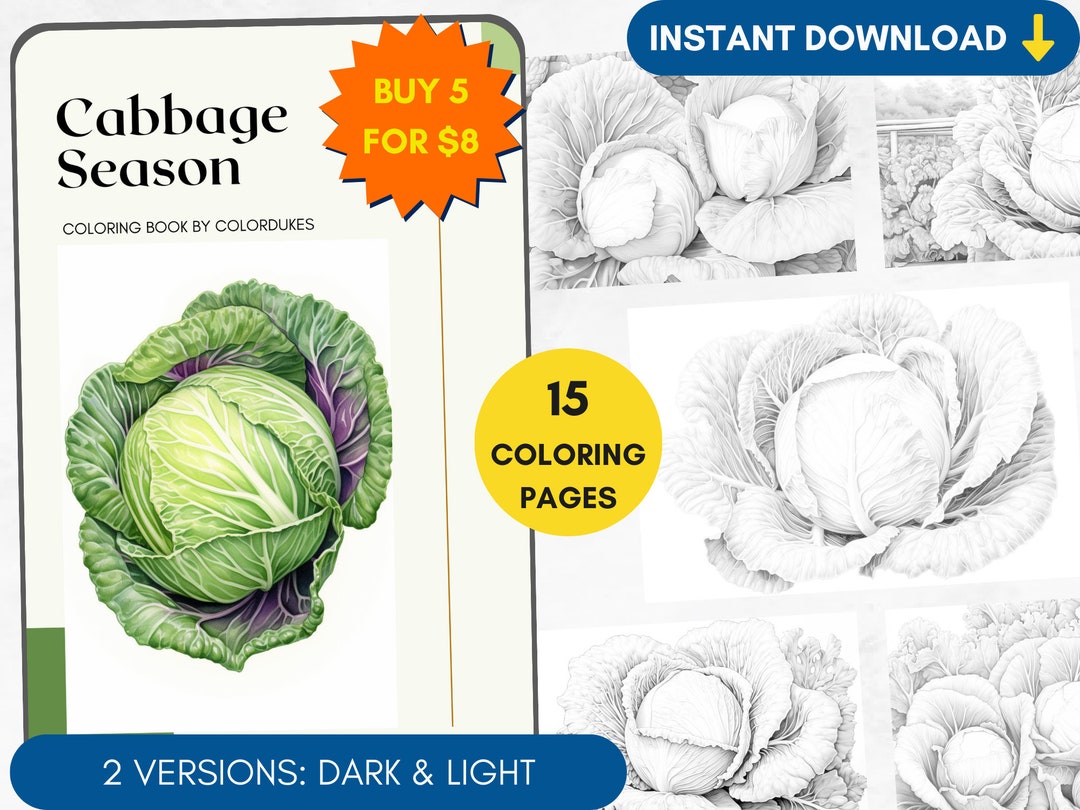 15 Coloring Pages Cabbage Coloring Book for Adults Grayscale, Plants ...