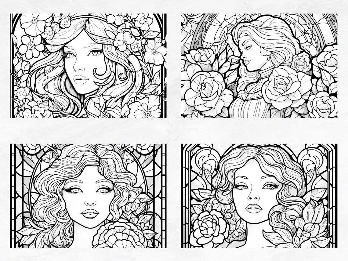 7 Coloring Pages Girls Stained Glass Grayscale Adult Coloring - Etsy