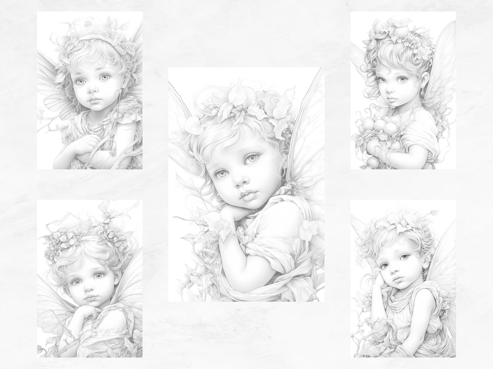 15 Coloring Pages Baby Fairies Grayscale Adult Coloring Book, Flower ...