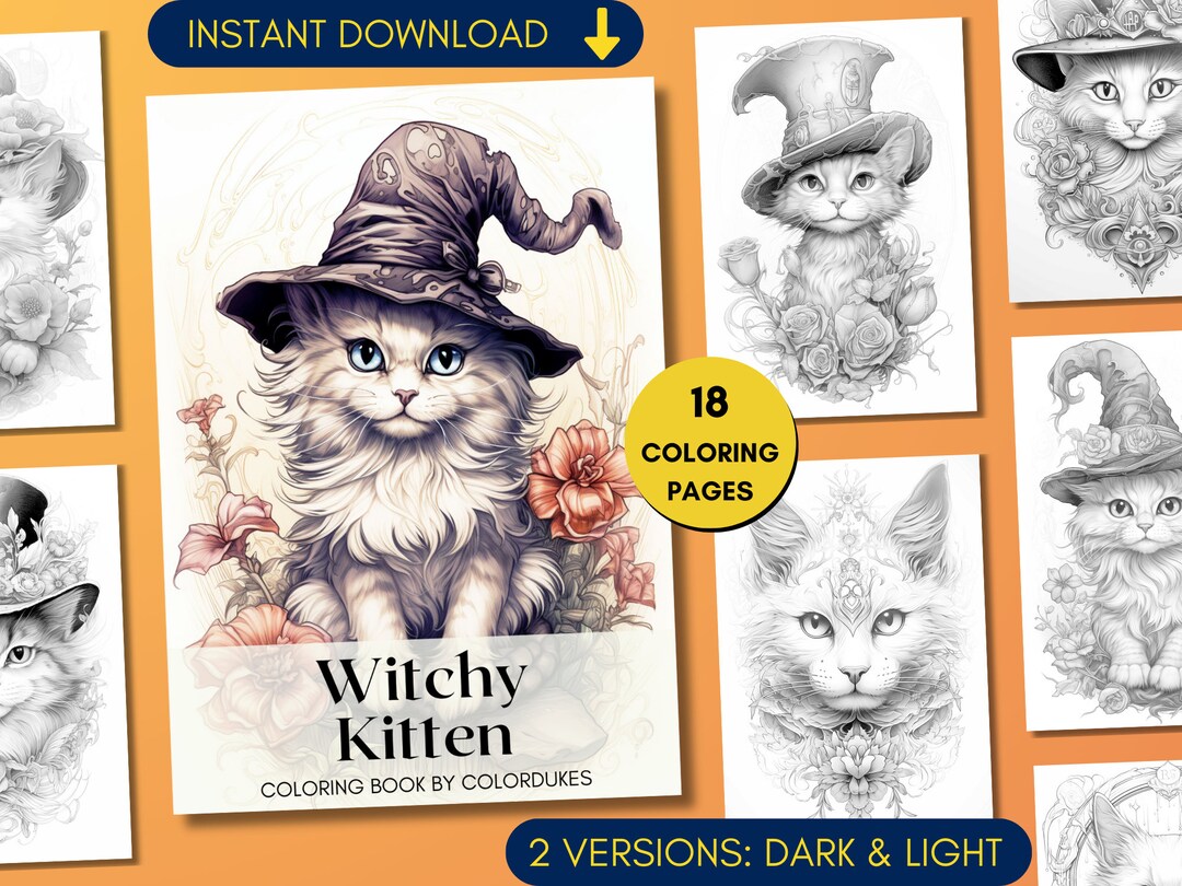 18 Witchy Cat Coloring Pages in Grayscale Halloween Coloring - Etsy