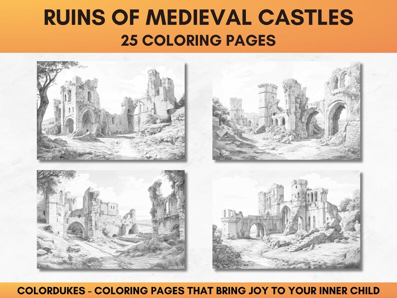 25 Adult Coloring Pages, Medieval Castles Coloring Book in Grayscale ...