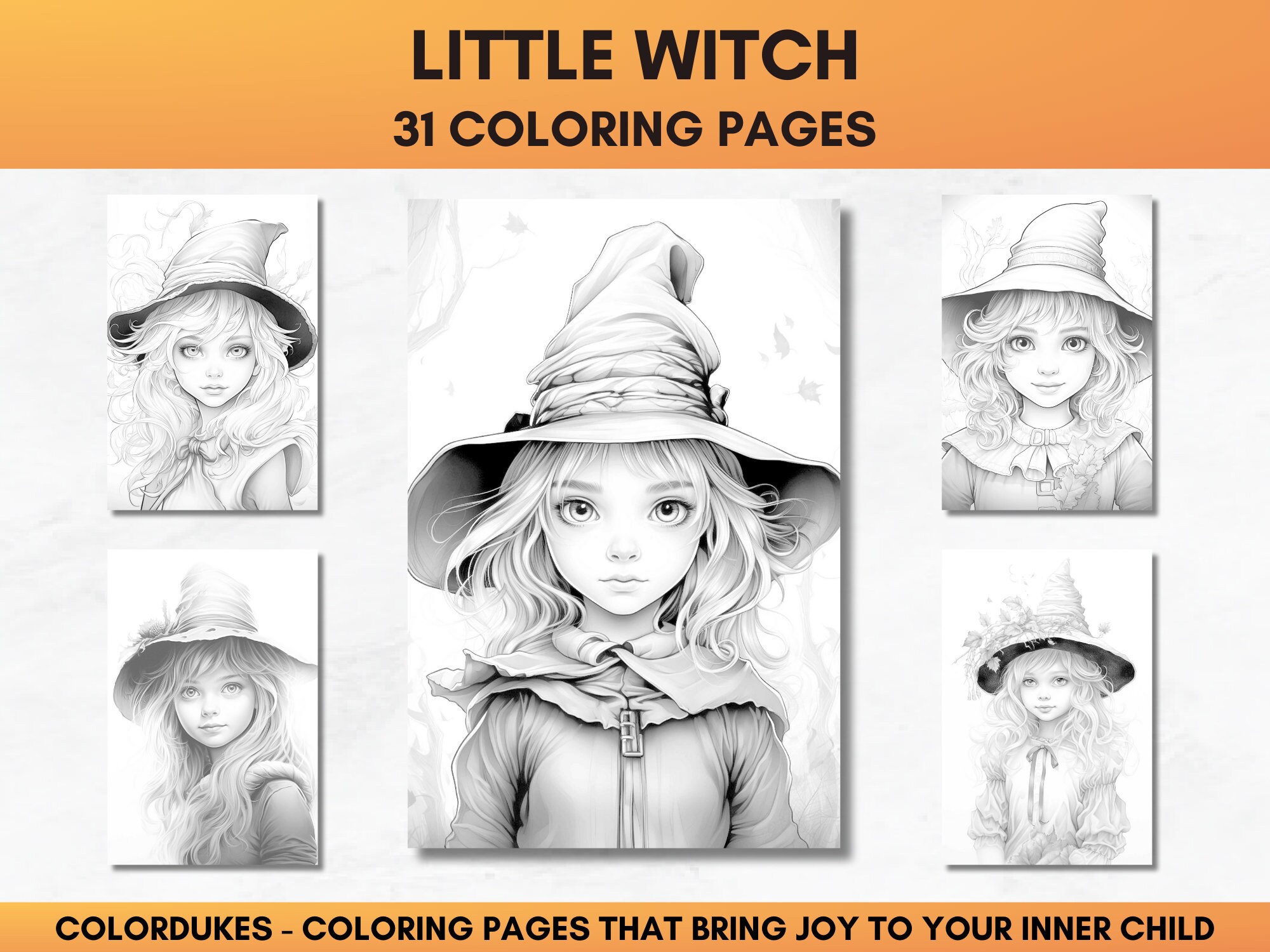 31 Little Witch Coloring Pages in Grayscale, Realistic Coloring Book ...