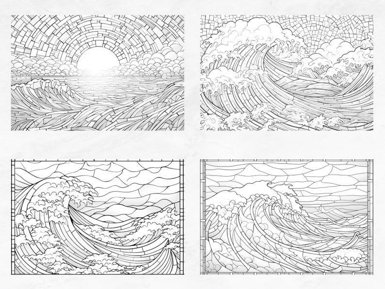 26 Stained Glass Coloring Pages Mosaic Sea Waves Grayscale Adult ...