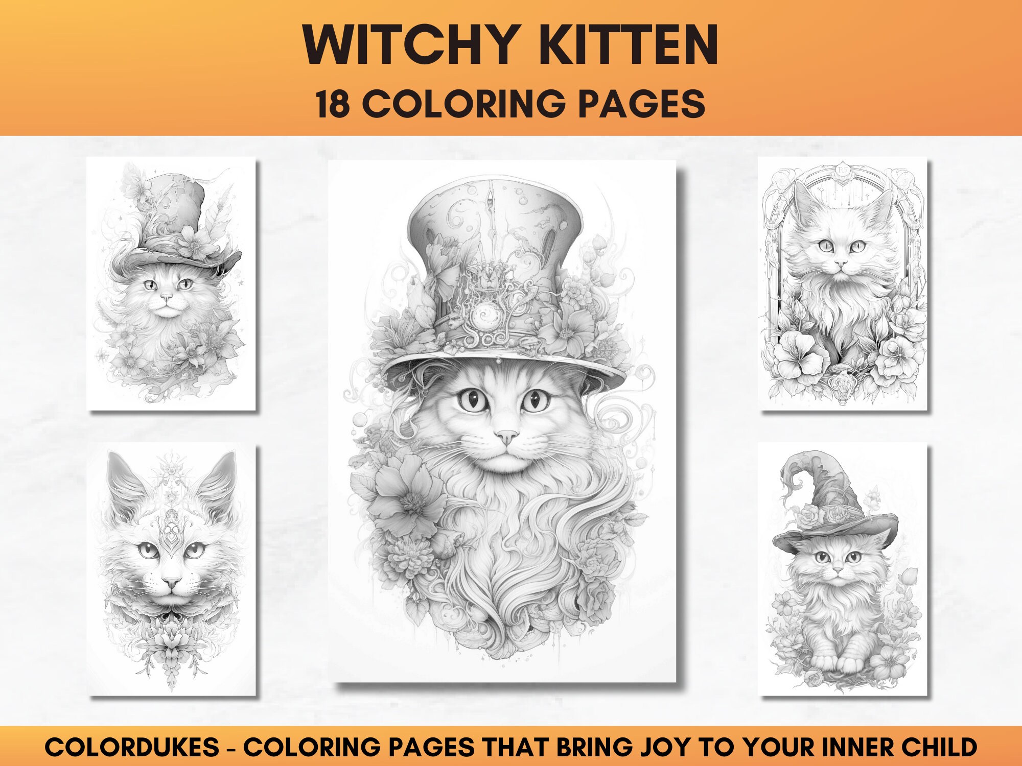 18 Witchy Cat Coloring Pages in Grayscale, Halloween Coloring Book for ...