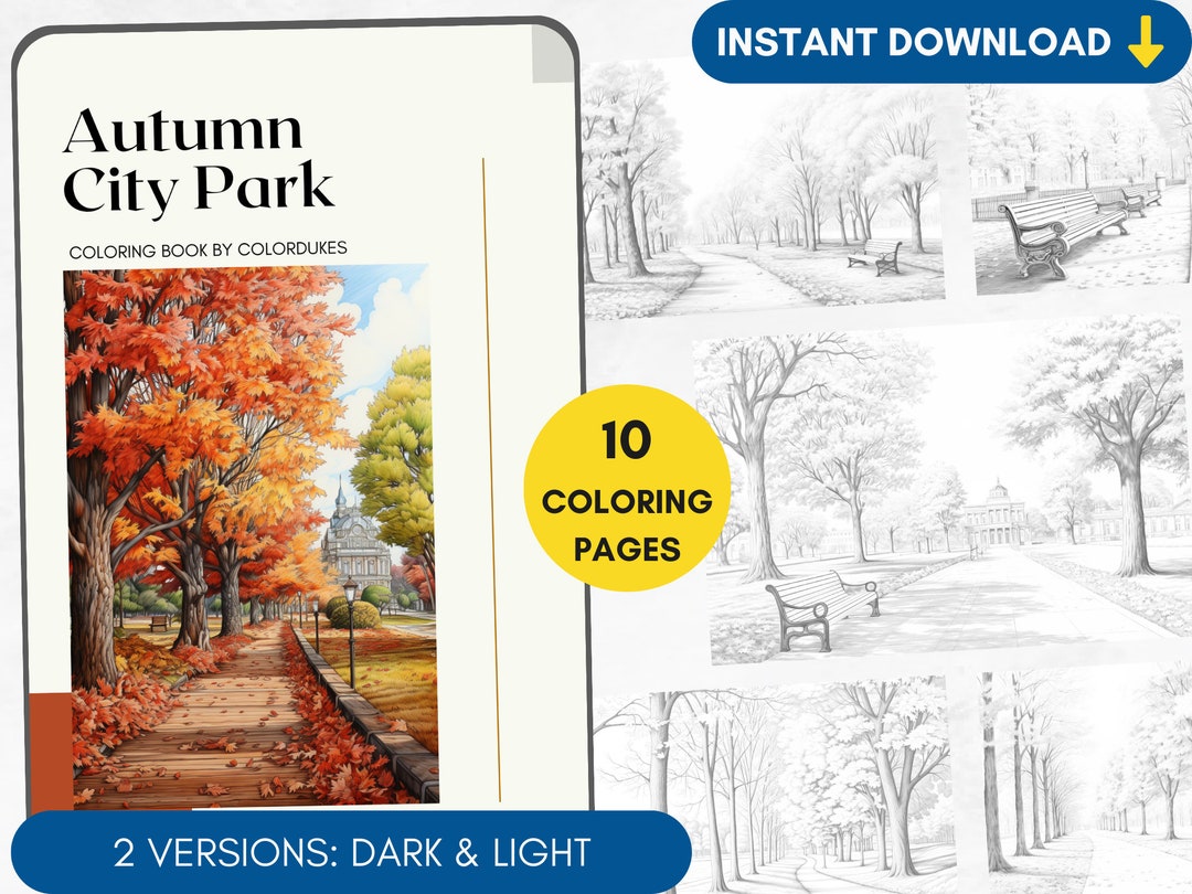 10 Coloring Pages Autumn Park Coloring Book Grayscale, Fall Coloring ...