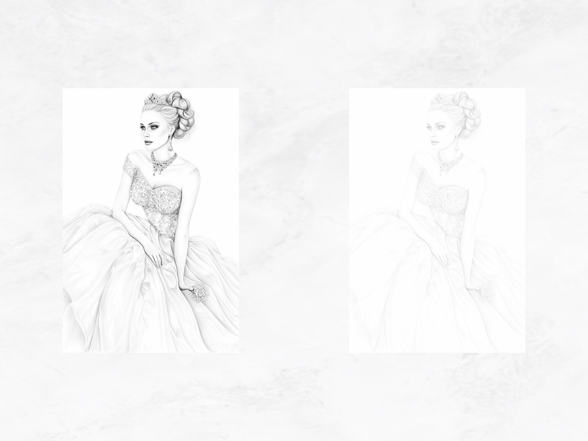 4 Coloring Pages, Wedding Dress Grayscale Adult Coloring Book Princess ...