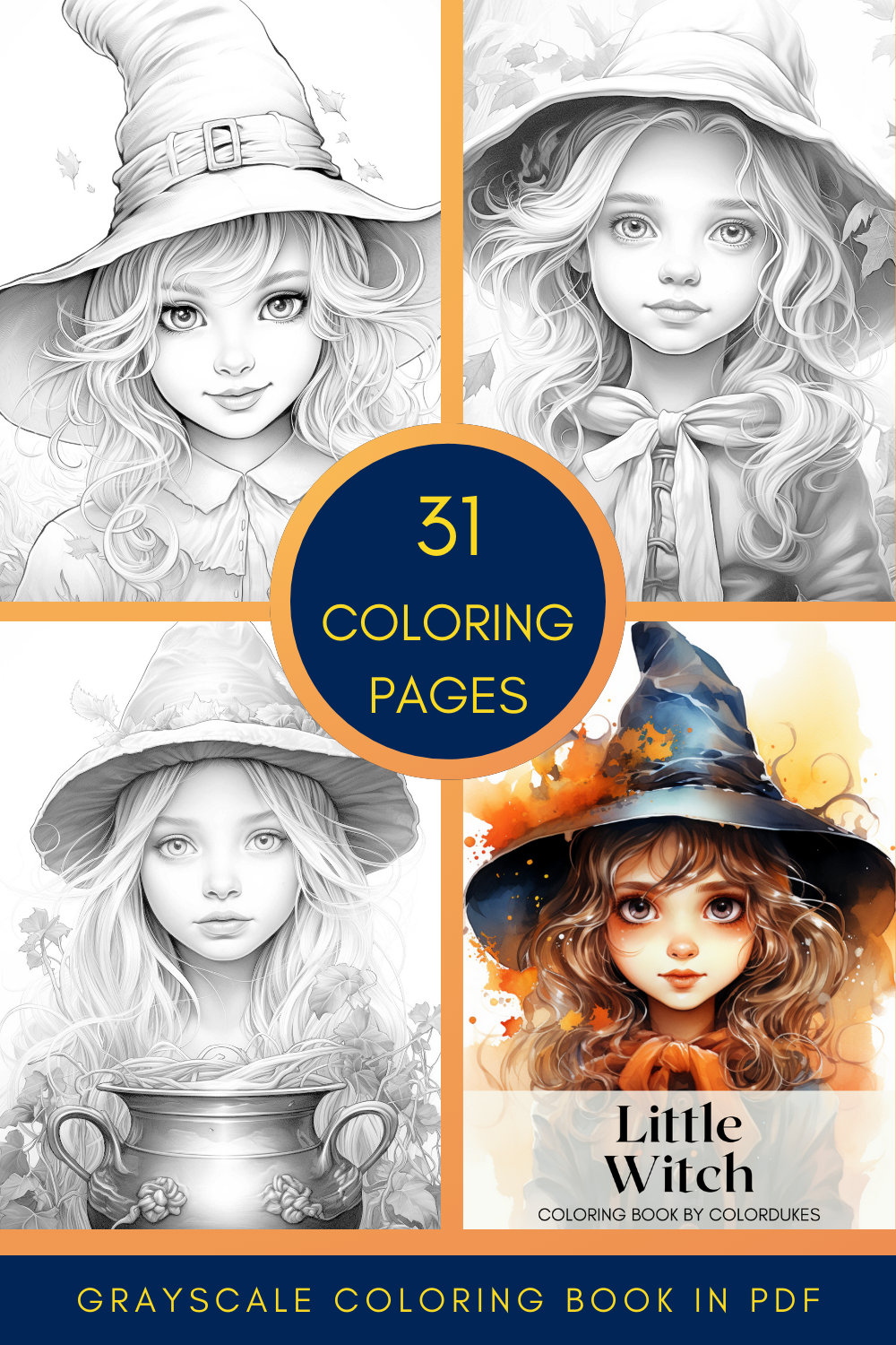 31 Little Witch Coloring Pages in Grayscale, Realistic Coloring Book ...