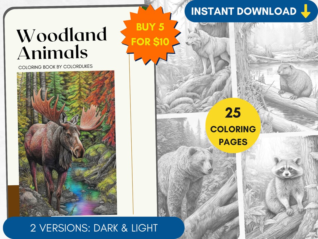 25 Coloring Pages, Woodland Animals Coloring Book, Grayscale Coloring ...