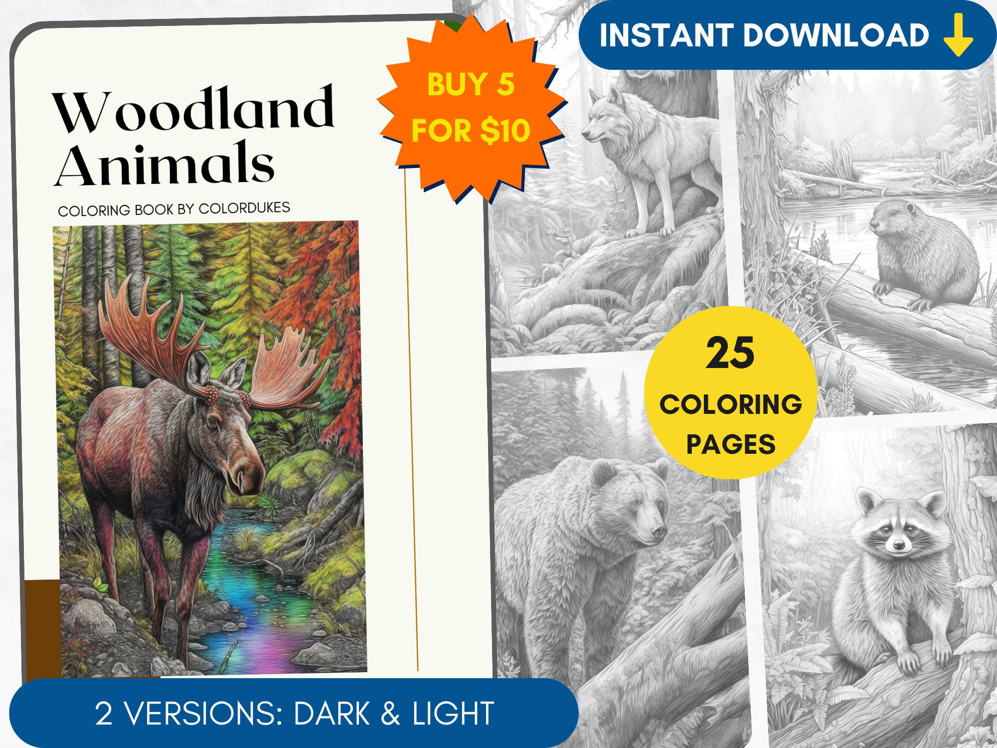 25 Coloring Pages, Woodland Animals Coloring Book, Grayscale Coloring ...