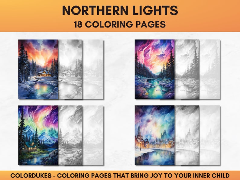 Northern Lights Coloring Pages, Aurora Borealis Grayscale Coloring Book ...