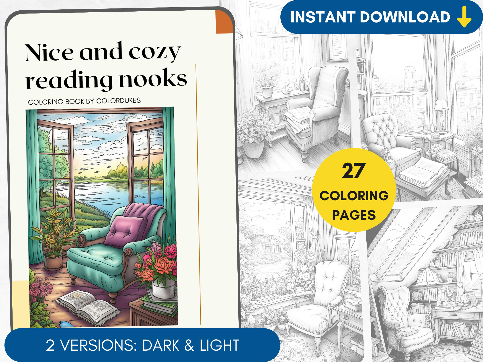 27 Coloring Pages, Cozy Reading Nooks Grayscale Adult Coloring Book ...