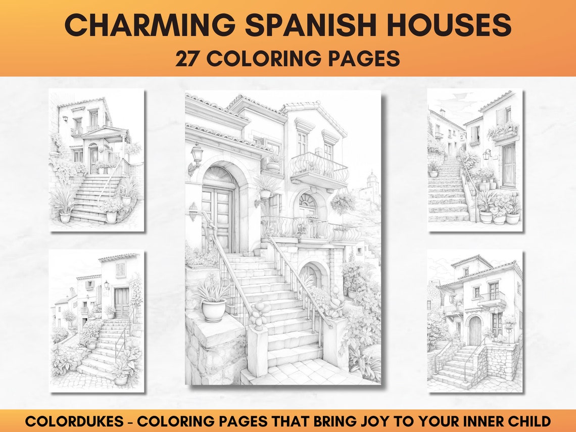27 Spanish Houses Coloring Pages, Italian Village Grayscale Adult ...
