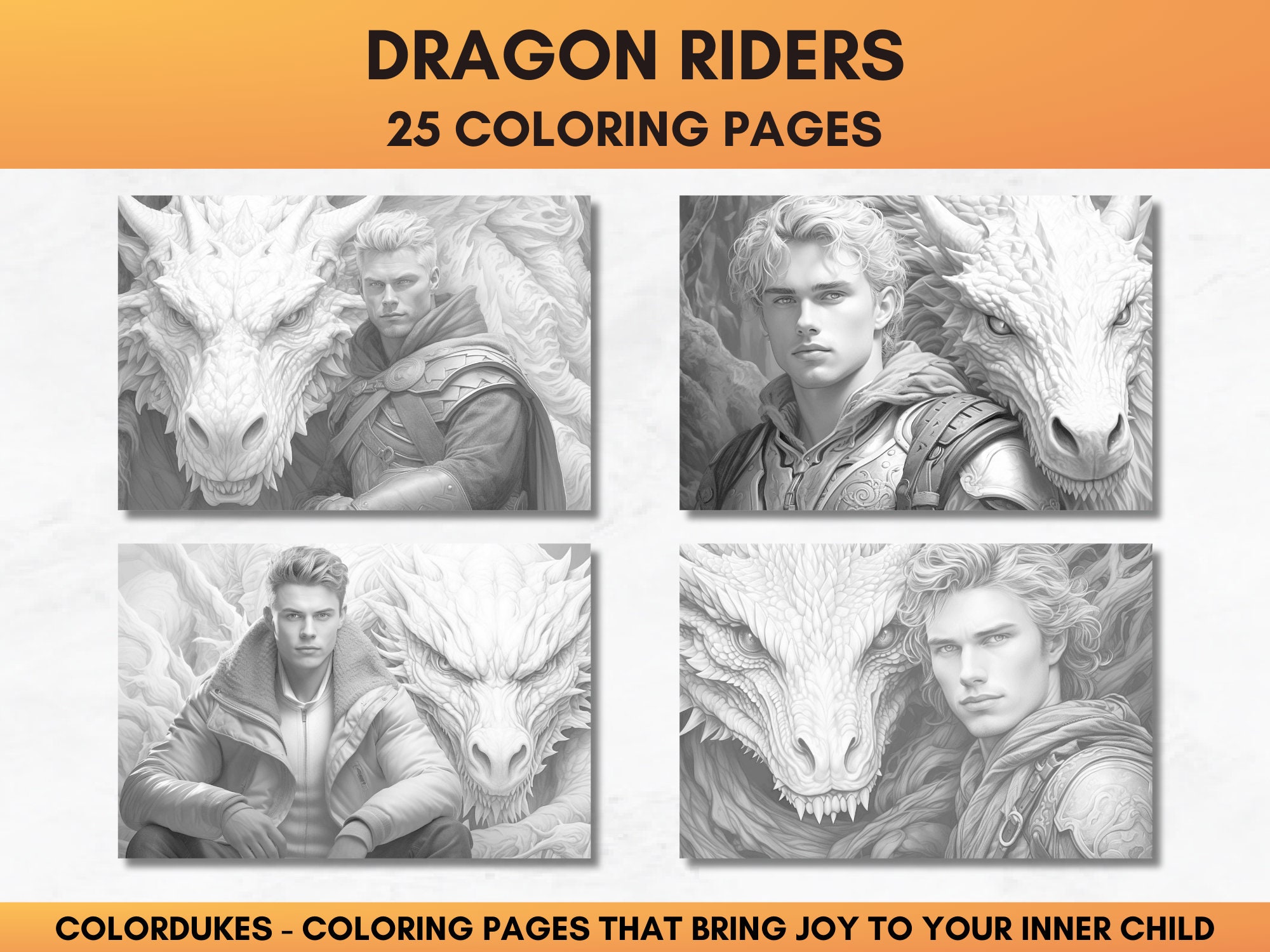 Dragon Riders Coloring Pages in Grayscale, Warrior Coloring Book for ...