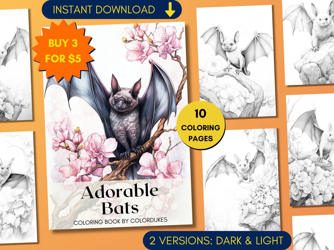 10 Bat Coloring Pages in Grayscale, Halloween Coloring Book Adults ...