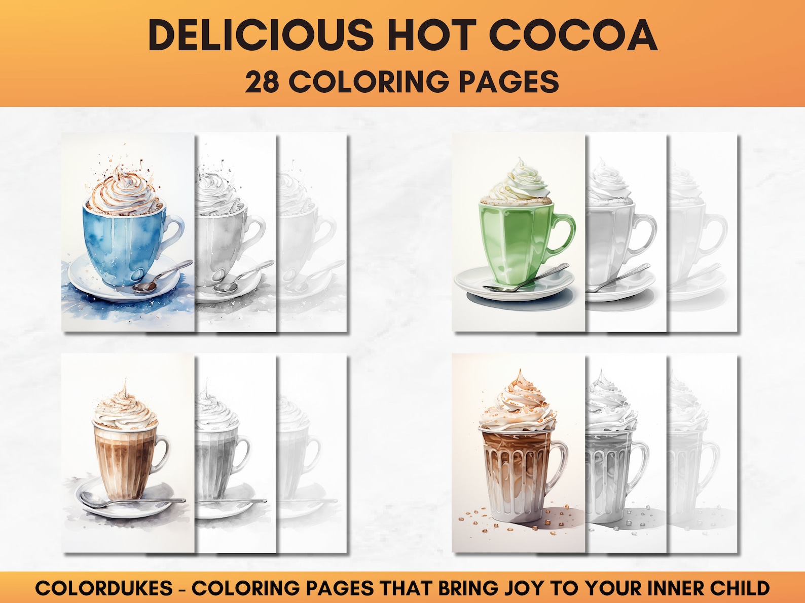 Hot Cocoa Coloring Pages, Watercolor Coloring Book in Grayscale, Winter ...